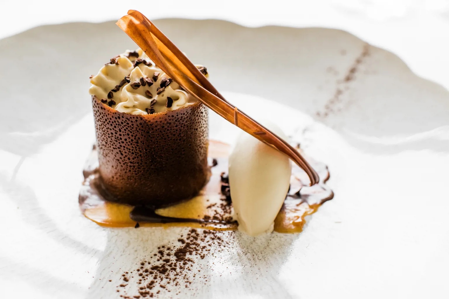 Whisky and chocolate cremeux with whisky ice cream, coffee and caramel ...